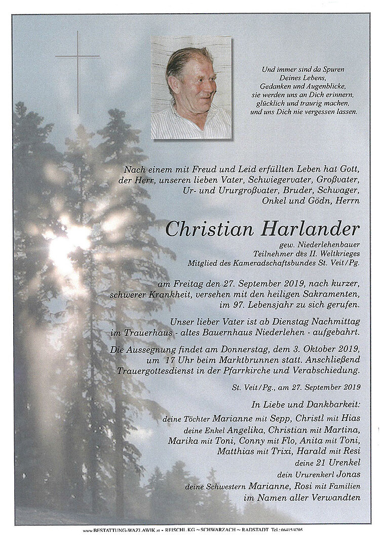 Traueranzeige von Christian Harlander | Bestattung Wazlawik Reischl e.U.