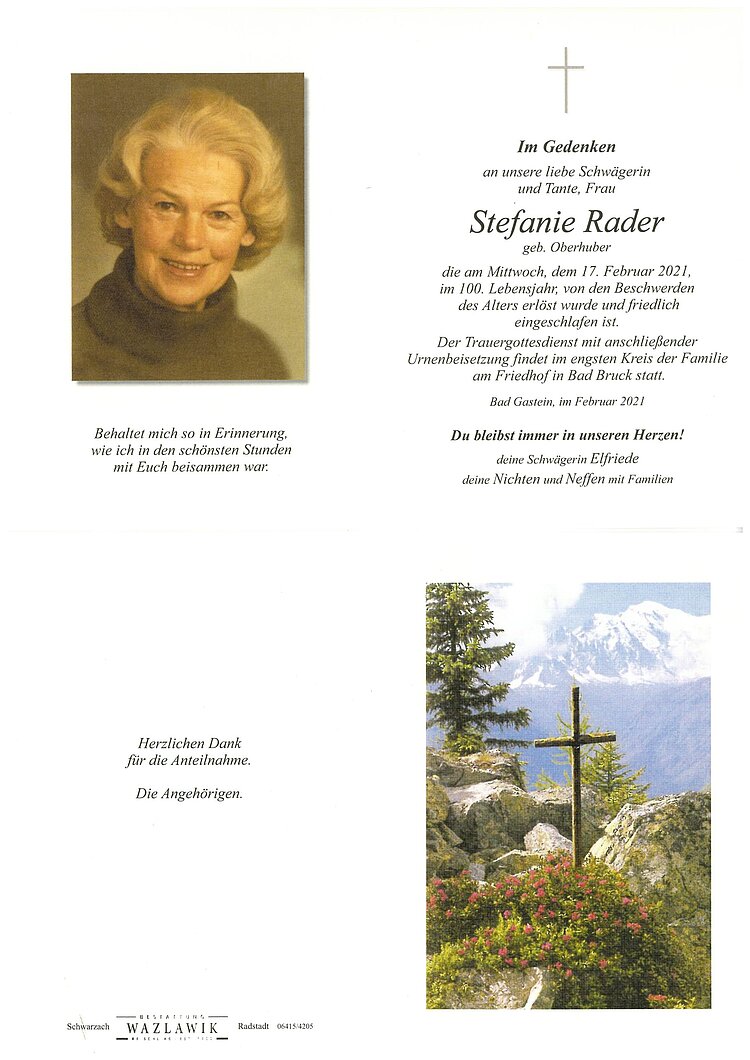 Traueranzeige von Stefanie Rader | Bestattung Wazlawik Reischl KG