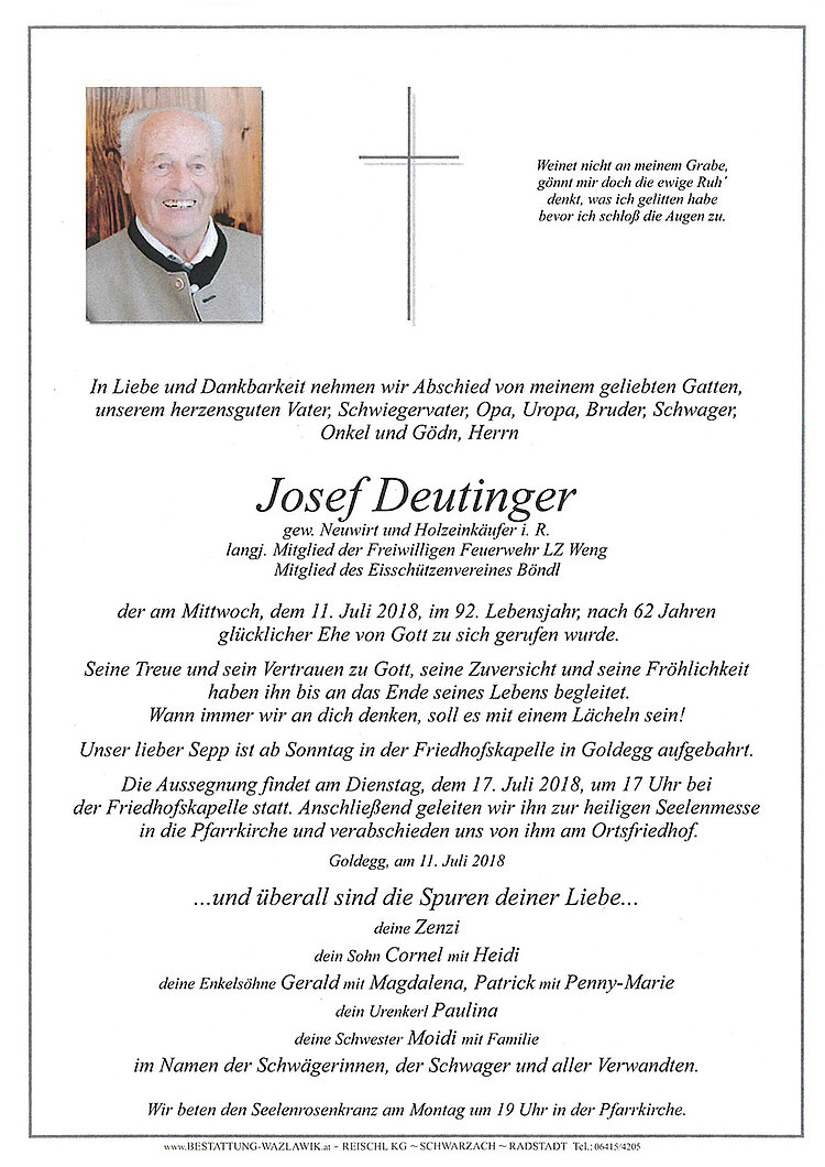 Traueranzeige von Josef Deutinger | Bestattung Wazlawik Reischl e.U.