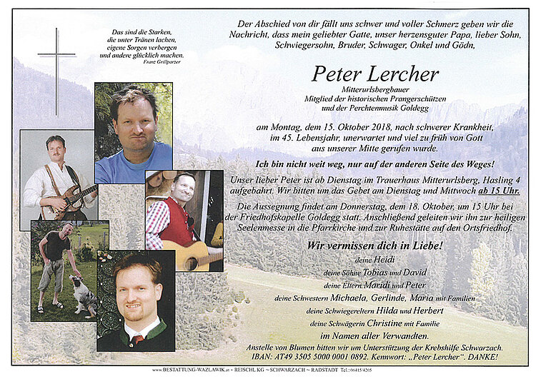 Traueranzeige von Peter Lercher | Bestattung Wazlawik Reischl KG