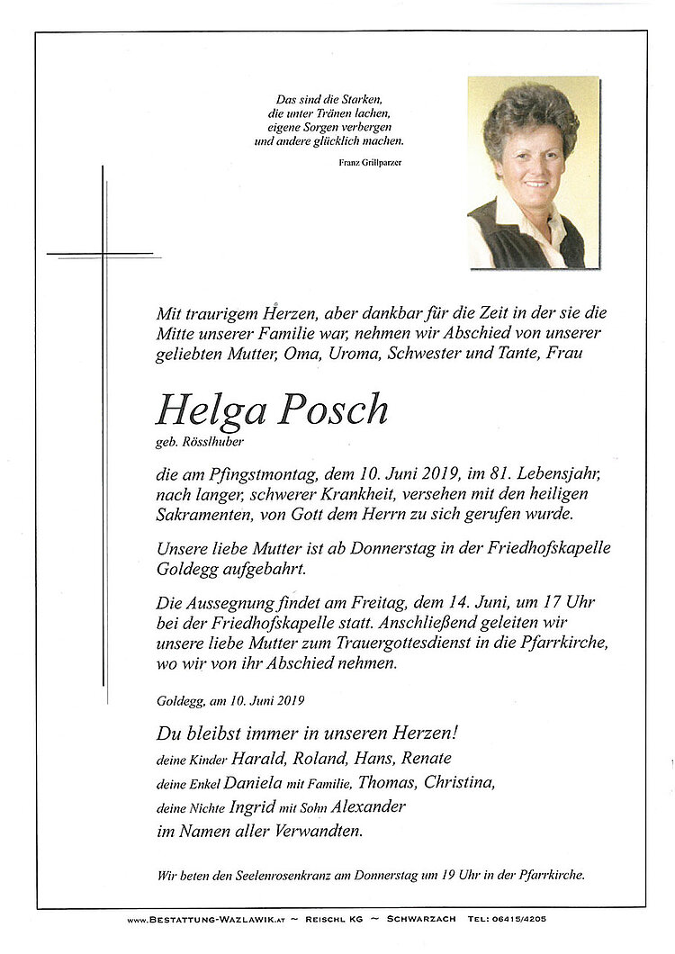 Traueranzeige von Helga Posch | Bestattung Wazlawik Reischl e.U.